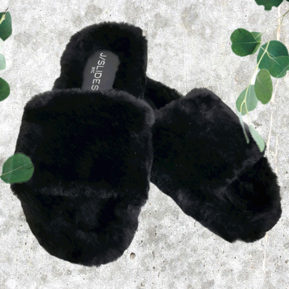 New J/Slides Nyc Black Fuzzy Slipper - Gem